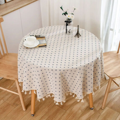 Cotton Linen Table Cloth Round Tablecloth With Tassel Dust-Proof Table ...