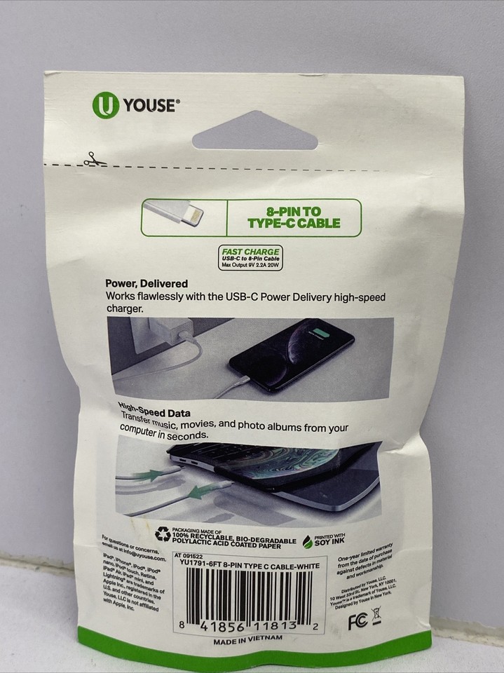 Youse 6ft 8pin to Type-C Cable Charger - White | eBay