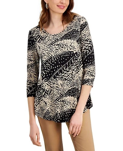 JM Collection Womens Black Waves 3/4 Sleeve Printed Tunic Top Size M ...