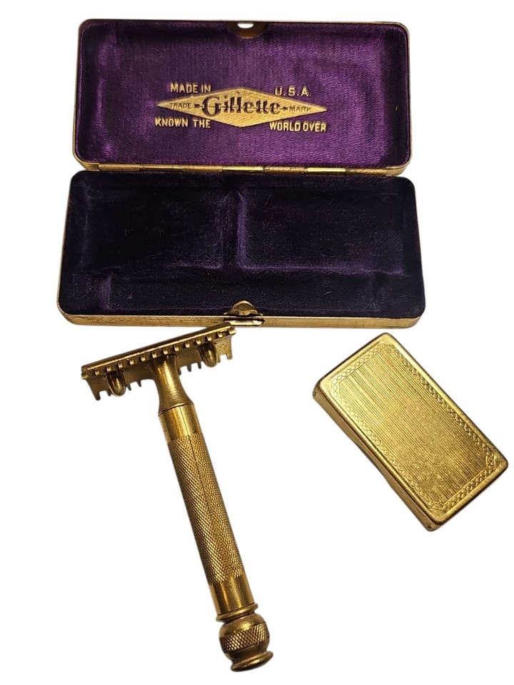 Vintage Gold Tone Gillette Razor And Case Quilted Top Shaving Antique ...