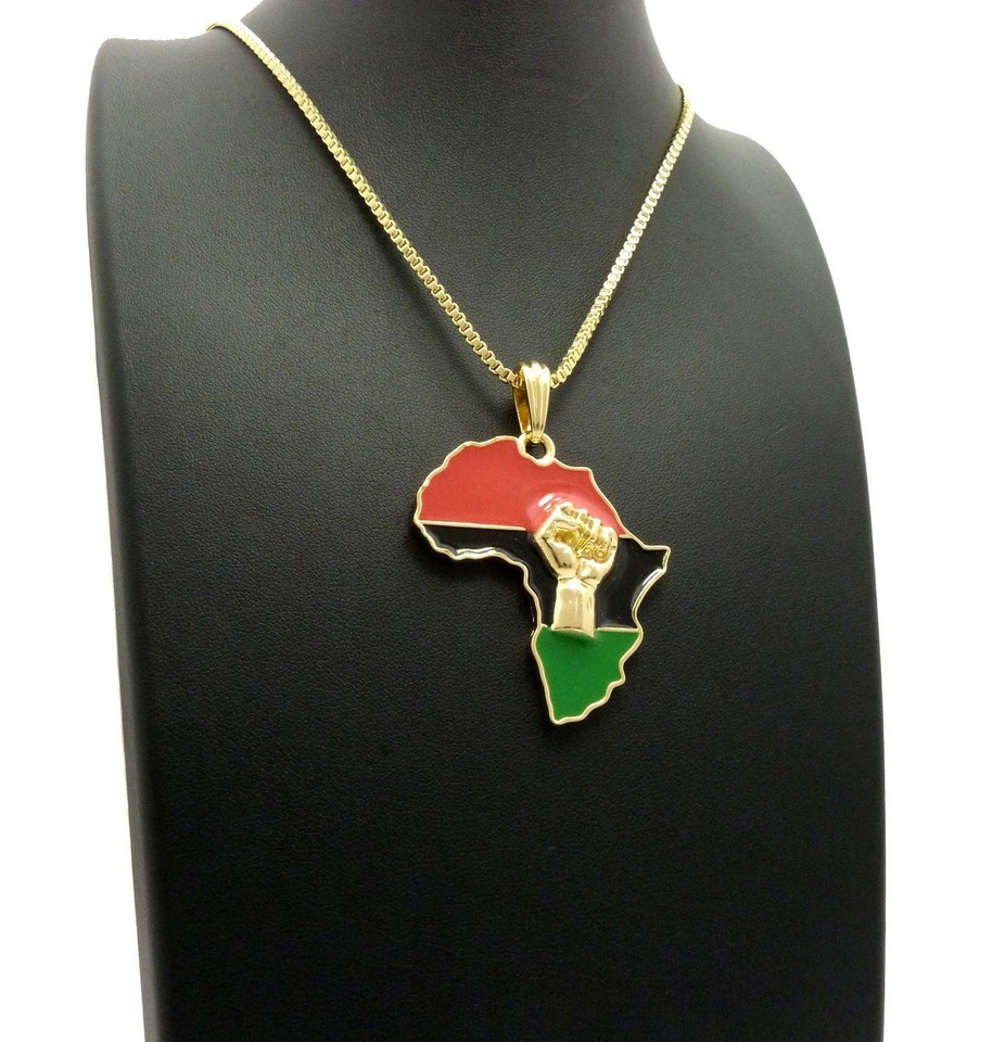 Fist Power in Africa Map Pendant w/ 24" Box, Cuban, Rope Chain Hip Hop ...