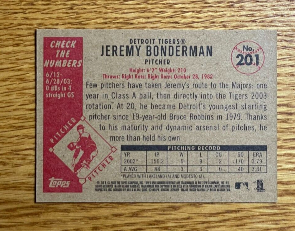 JEREMY BONDERMAN 2003 Bowman Heritage #201 First Year Rookie RC | eBay