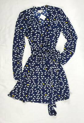 Maison Jules Navy Long-Sleeve Blue Bird Printed Wrap Dress, XS | eBay