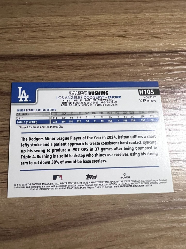 2025 Dalton Rushing- Topps Holiday #H105- Los Angeles Dodgers | eBay