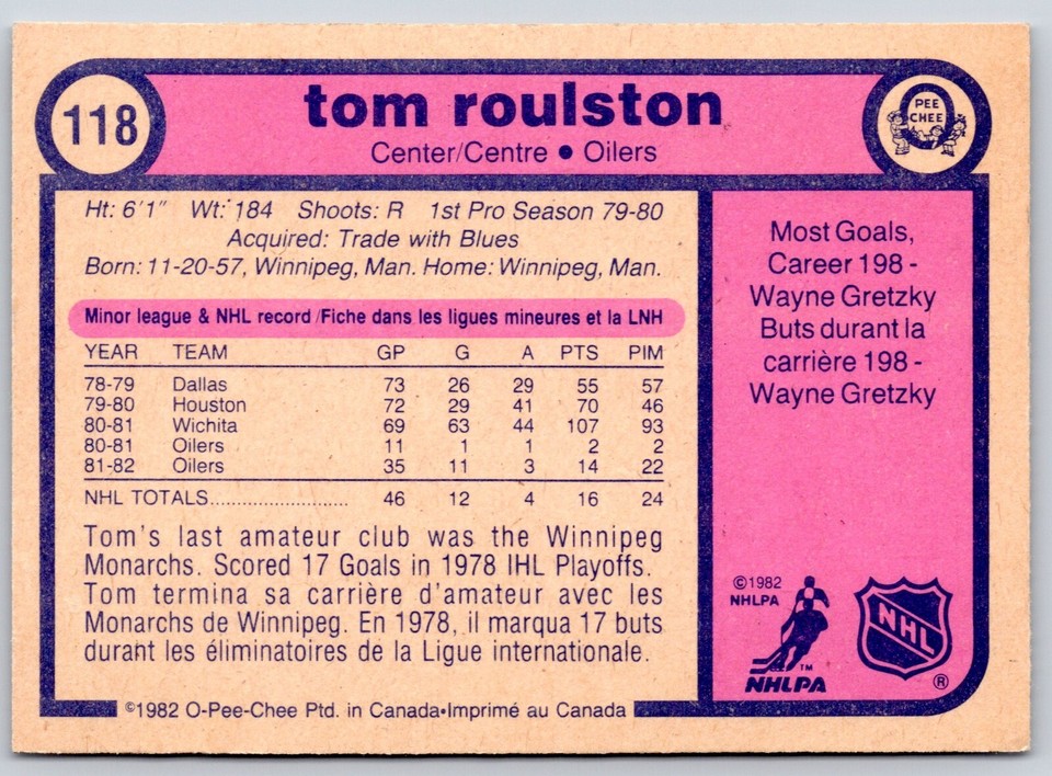 TOM ROULSTON RC 1982-83 O-PEE-CHEE 82-83 NO 118 NRMINT+ 38376 | eBay