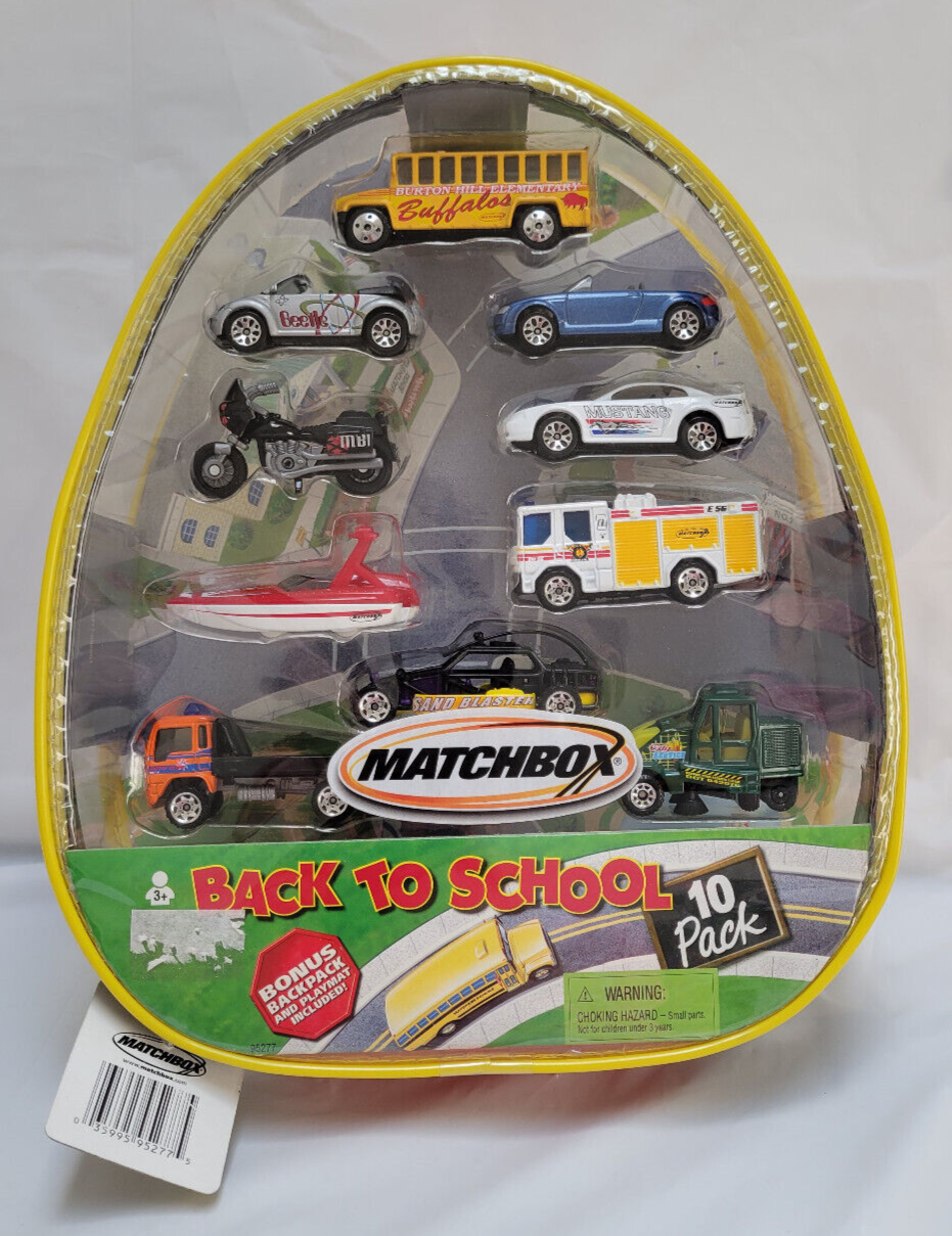 2000 Matchbox BACK TO SCHOOL 10-Pack with Bonus Backpack and Playmat ...
