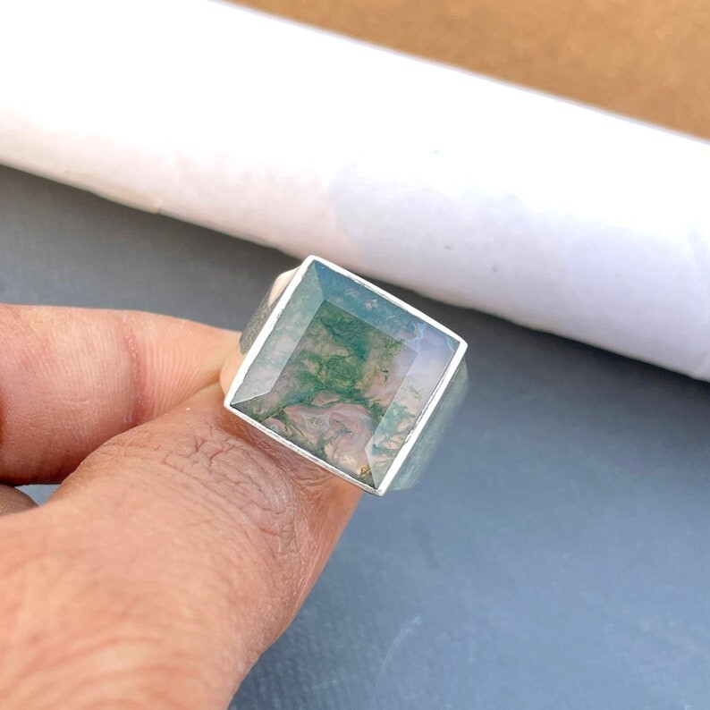 Natural Moss Agate Men's Ring, Handmade Gemstone Ring, 925 Sterling ...