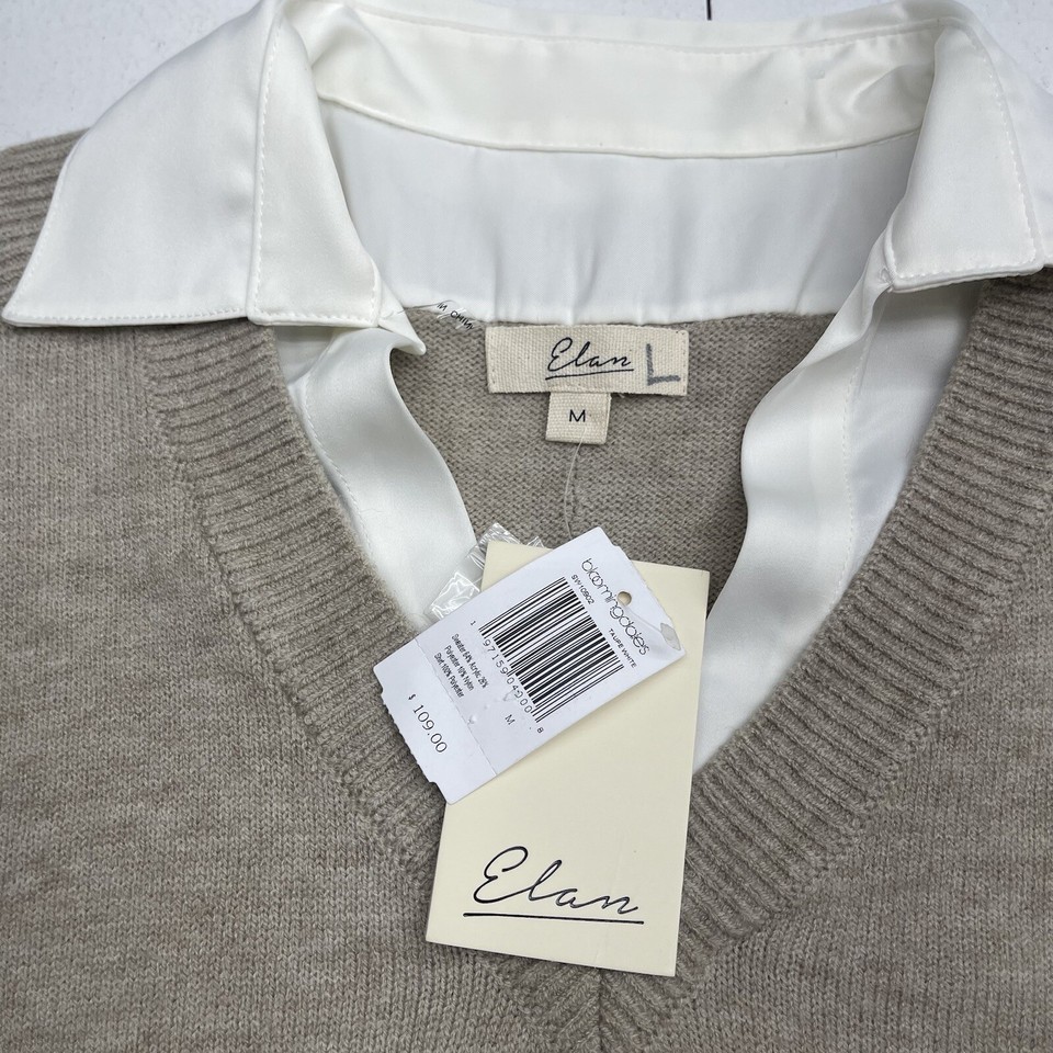 Elan Taupe White Sweater Vest Satin Long Sleeve Combo Women’s Size Medium Defect | eBay
