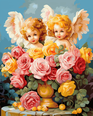 Lovely Cherubs With Yellow Pink Roses Hand Painted Design Needlepoint ...