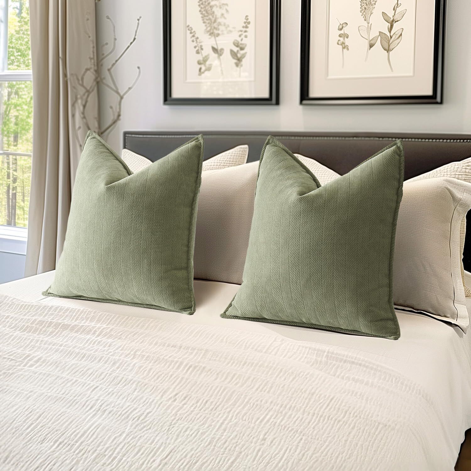 Pack of 2 Sage Green Decorative Pillow Covers 20x20 Inch Soft Chenille ...
