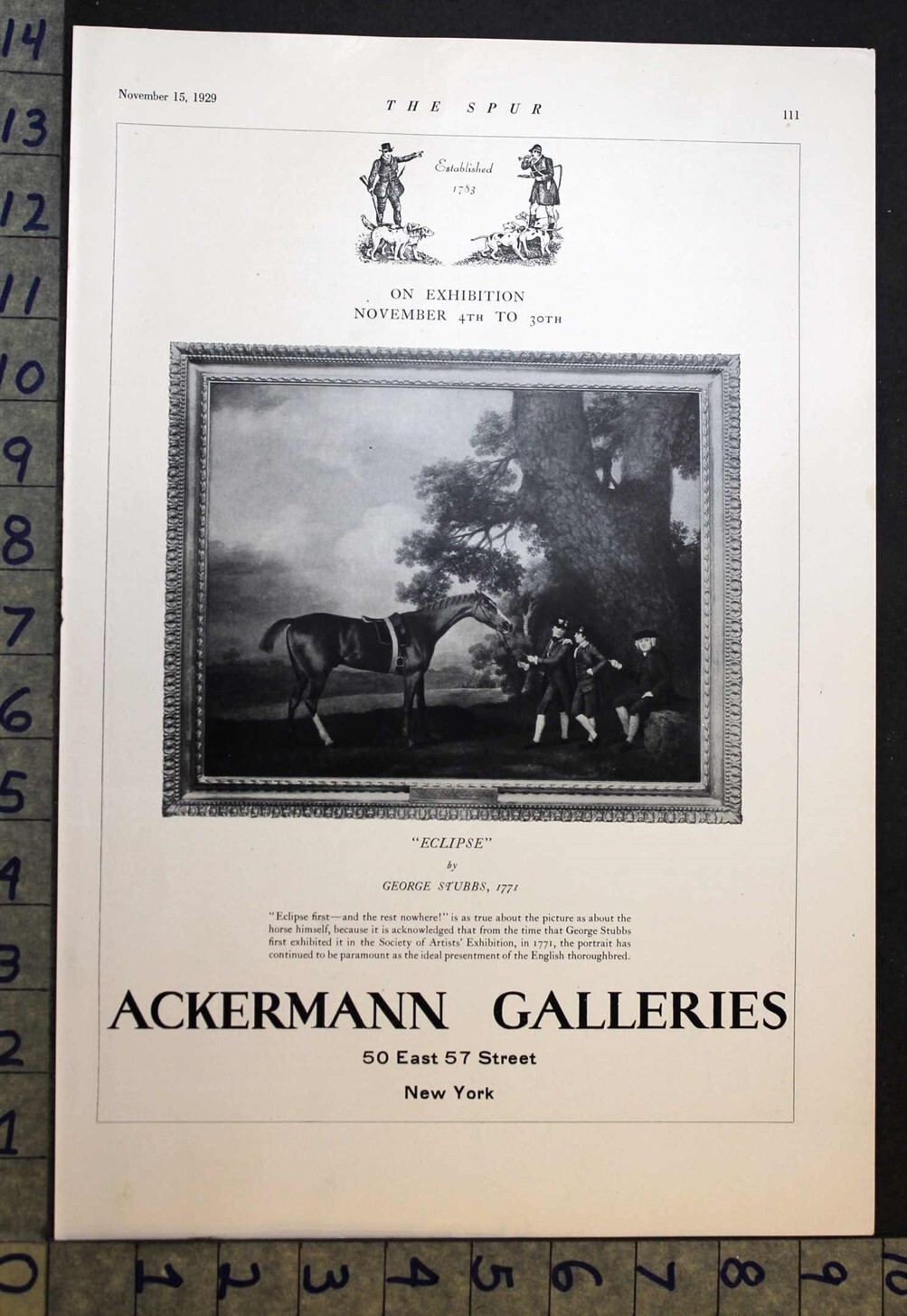 1929 EQUESTRIAN ECLIPSE GEORGE STUBBS RACE HORSE ACKERMAN GALLERY AD ...