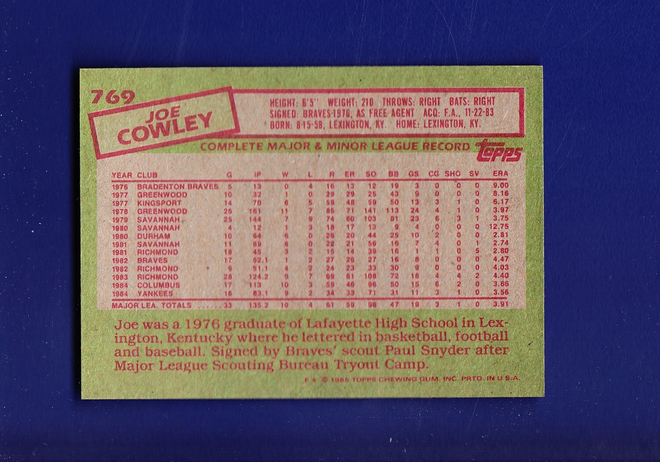 Joe Cowley 1985 TOPPS MLB Baseball #769 (MINT)(OC) New York Yankees | eBay