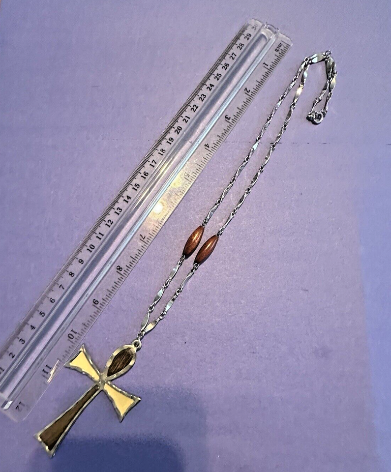 Ankh Pendant Wood Inlay Cross Silver Tone Necklace Links Textured 20 ...