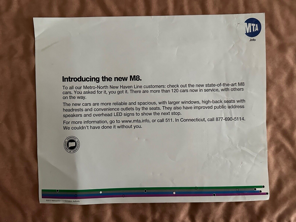 VTG. 2011 METRO NORTH RAILROAD INFORMATION PRINT OUT M8 RAIL CARS ...
