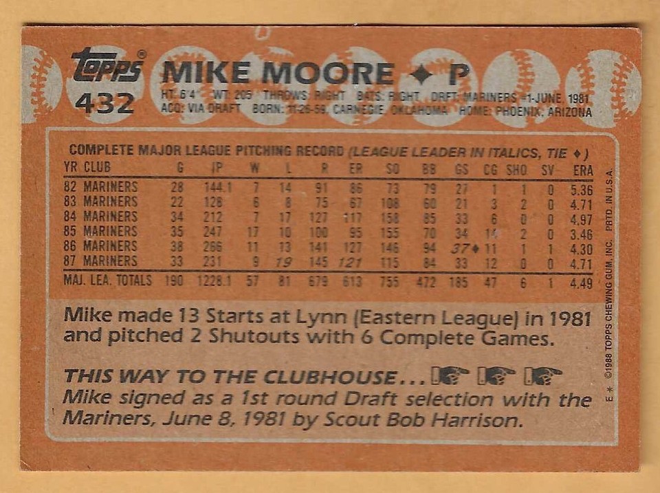 MIKE MOORE SEATTLE MARINERS #432 - TOPPS NM-MT 1988 | eBay