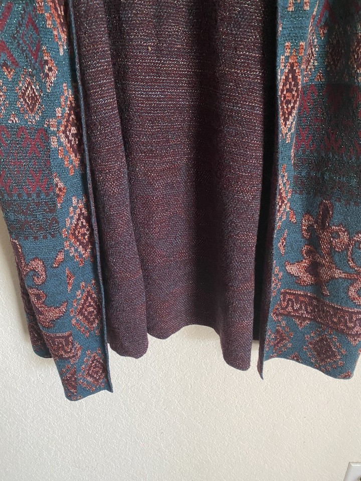 Chico's Tapestry Regal Jacquard Open Front Mix Print Knot Cardigan ...