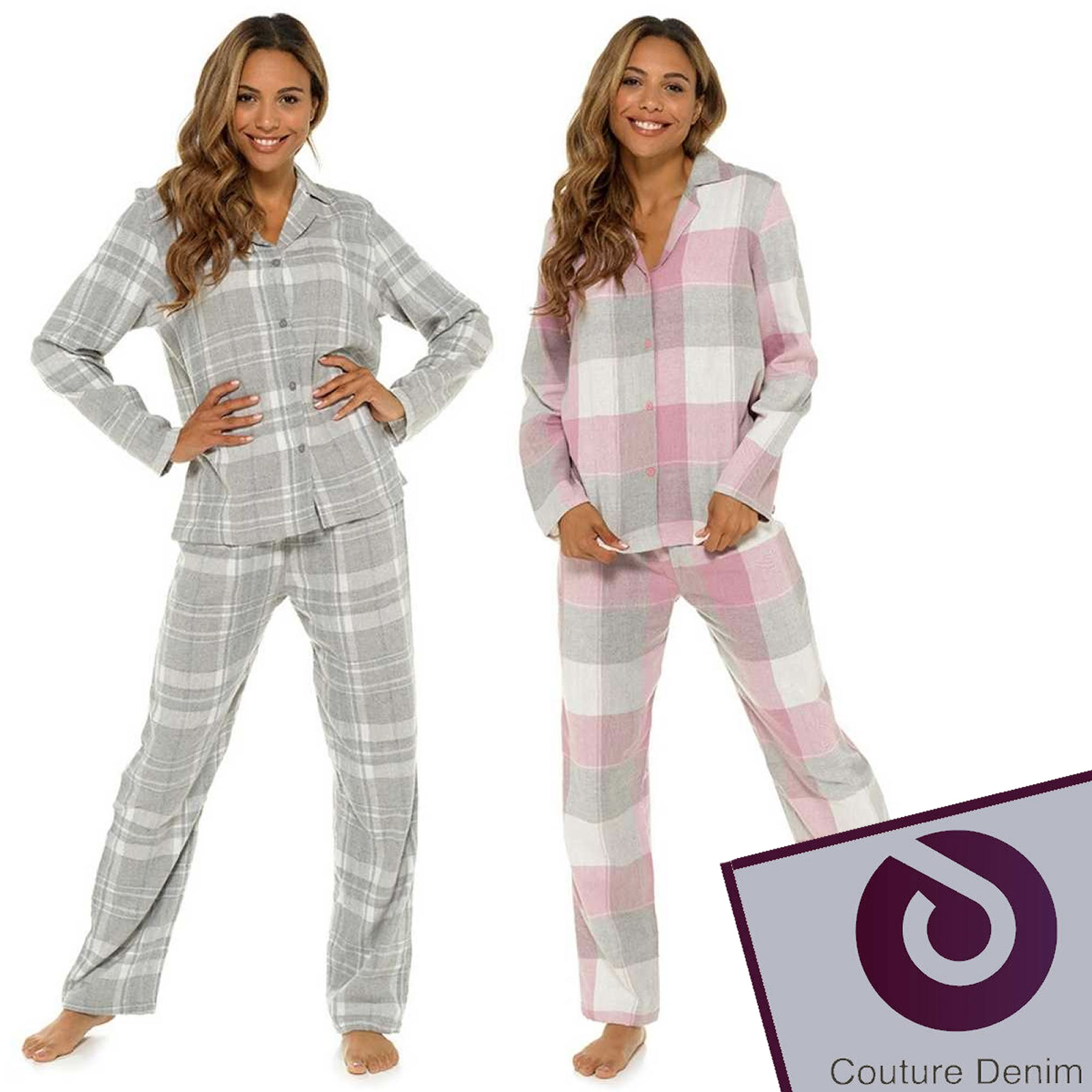 Ladies Check Pyjama Set Womens Button Up Brushed Pure Cotton Print ...