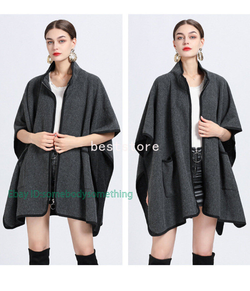 Zipper Women's Cape Oversized Cloak Faux Woolen Stand Collar Coat ...