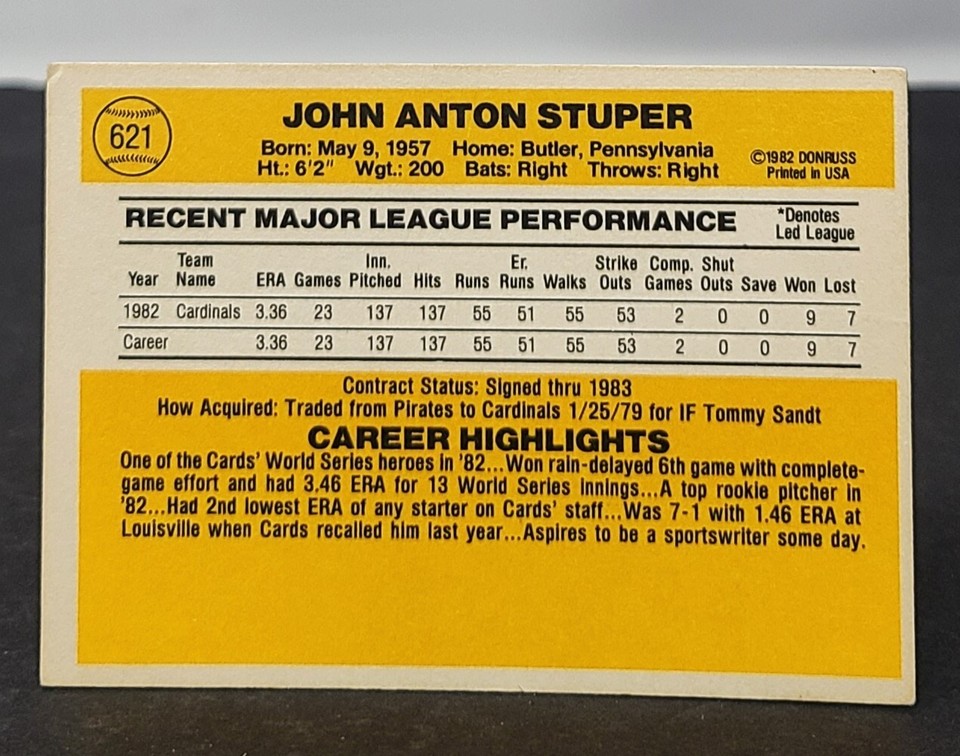 JOHN STUPER Signed Autograph 1983 Donruss Baseball Card #621 St. Louis ...
