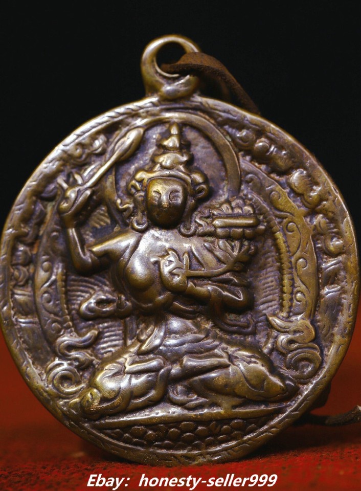 2.7" Old Tibet Pure Bronze Fengshui Exorcism Manjushri Goddess Amulet ...