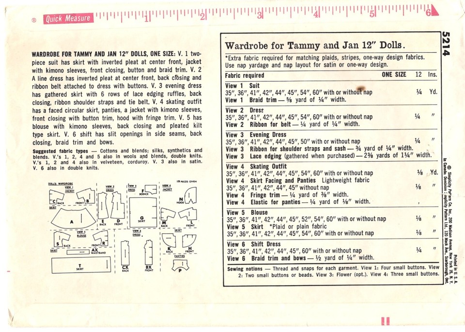 Simplicity 5214 Fashion Doll 12" Tammy & Jan Clothes Sewing Craft ...