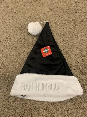 Santa Hat BAH HUMBUG Soft Black w/ White Trim - Adult - NEW December ...
