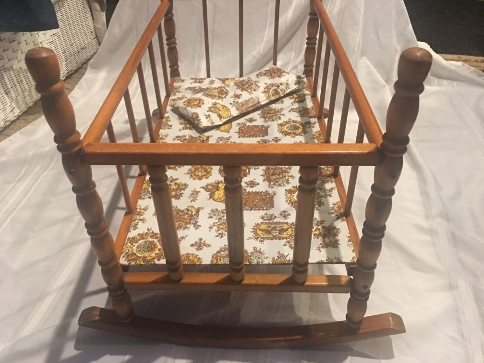Vtg N.D. Cass Co. Baby Doll Rocking Cradle Crib Wooden w/ Original Pad ...