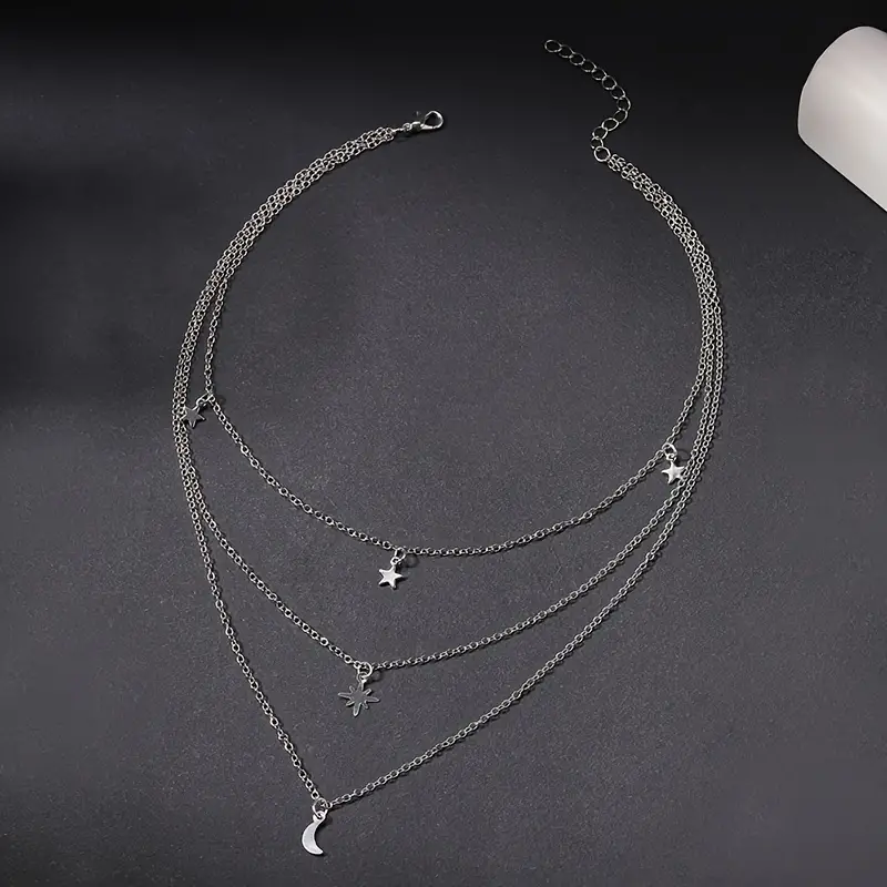 Boho Silvery Star and Moon Multilayer Necklace Pendant Women's Fashion ...