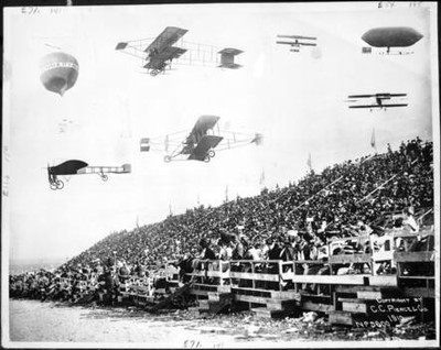 Early-Model Airplanes A Dirigible A Hot-Air Balloon And Bleachers - Old ...