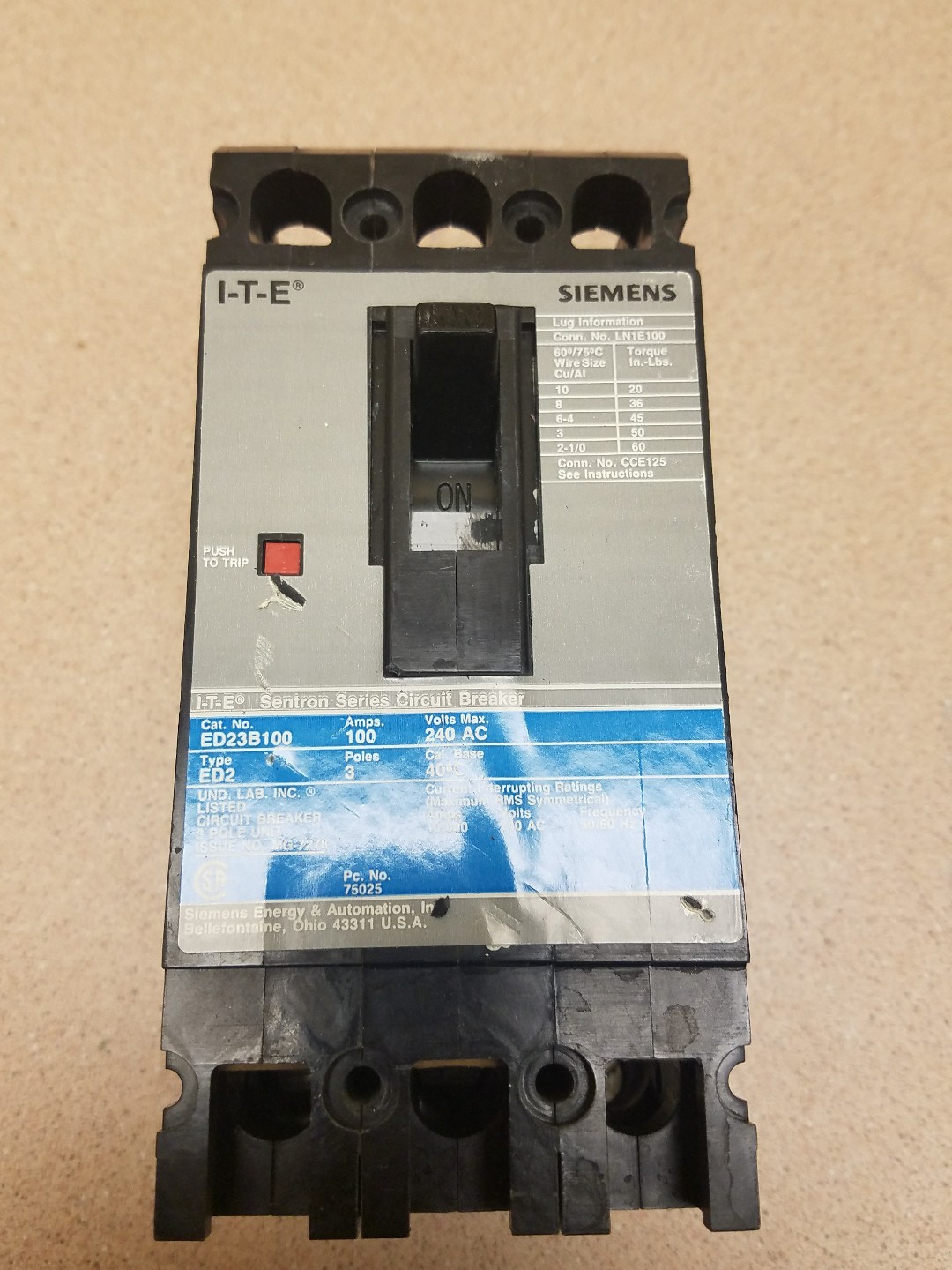 SIEMENS ED23B100 CIRCUIT BREAKER, ED, 3-POLE, 100-AMP, 240-VOLT 1 YEAR ...