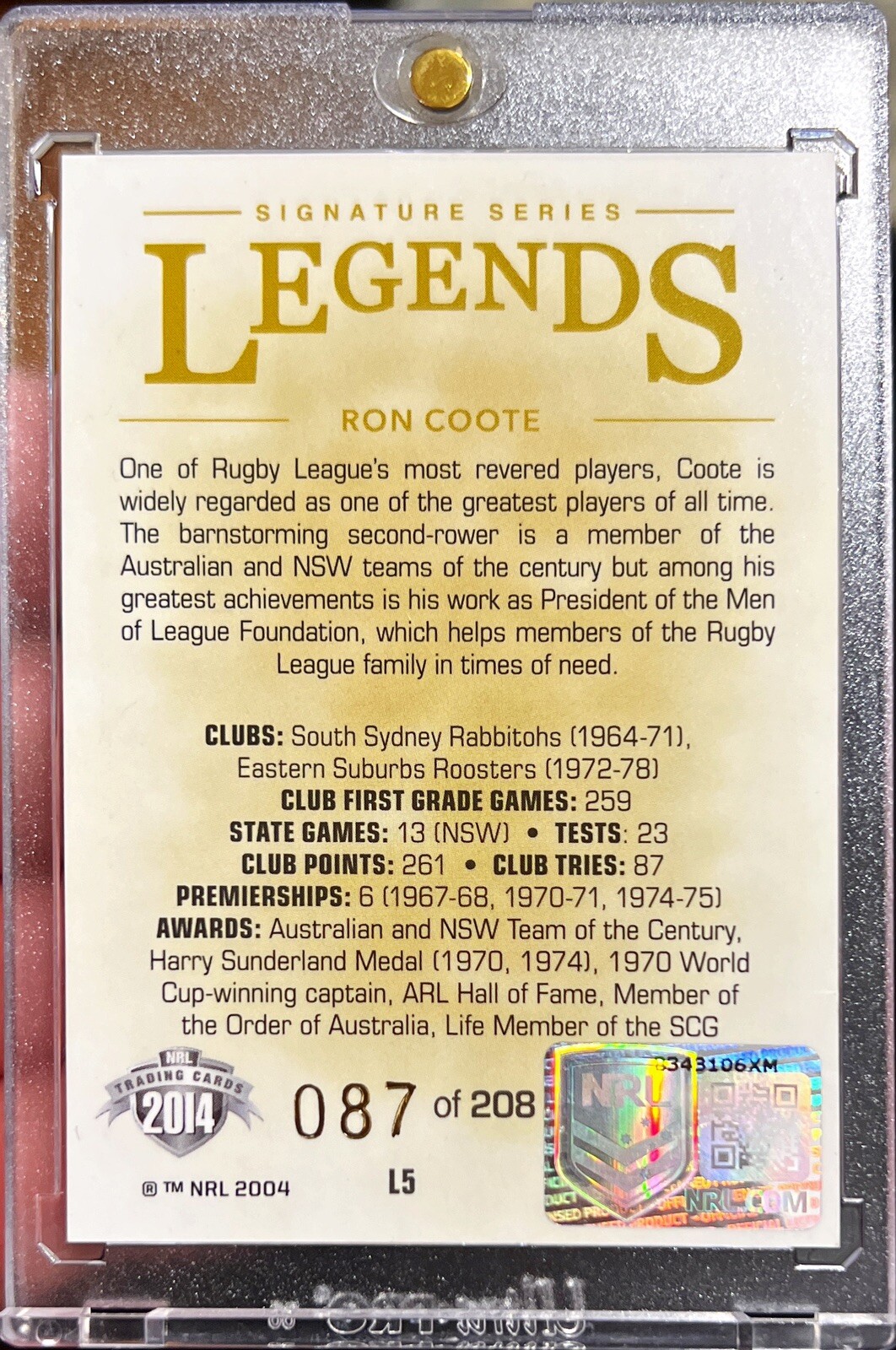 2015 NRL Traders Ron Coote Signature Series Legends Auto /208 Roosters ...