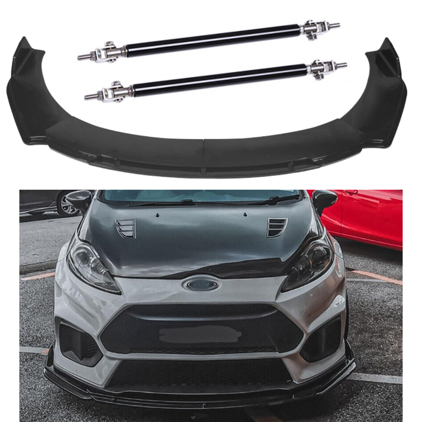 For Ford Fiesta Front Bumper Lip Spoiler Splitter Glossy Black Strut ...