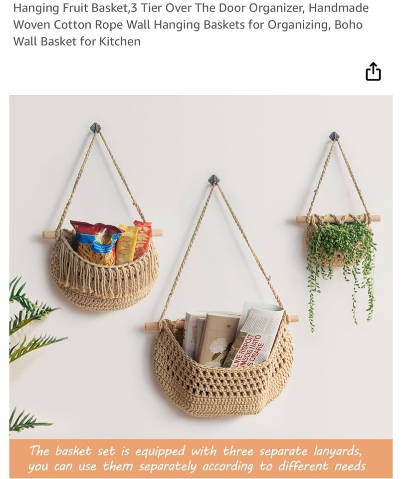 Hanging Fruit Wall Basket 3 Tier Over the Door Organizer Handmade Woven ...