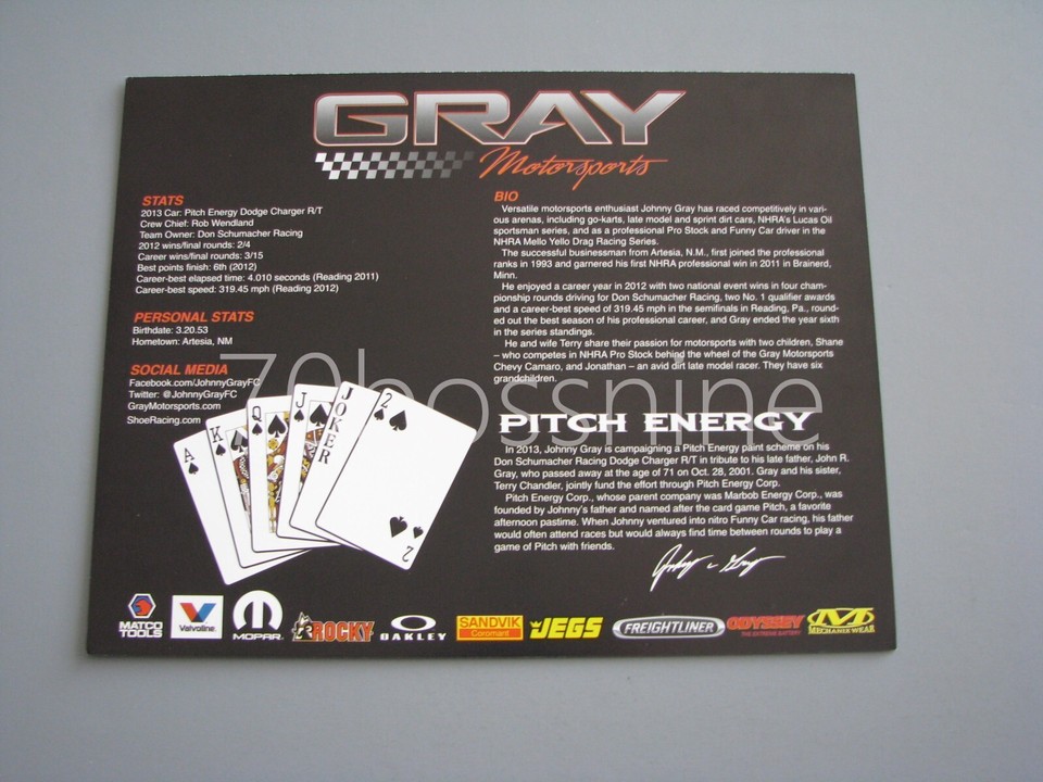 JOHNNY GRAY 2013 PITCH ENERGY FUNNY CAR 8.5x11 NHRA DRAG RACING HANDOUT ...
