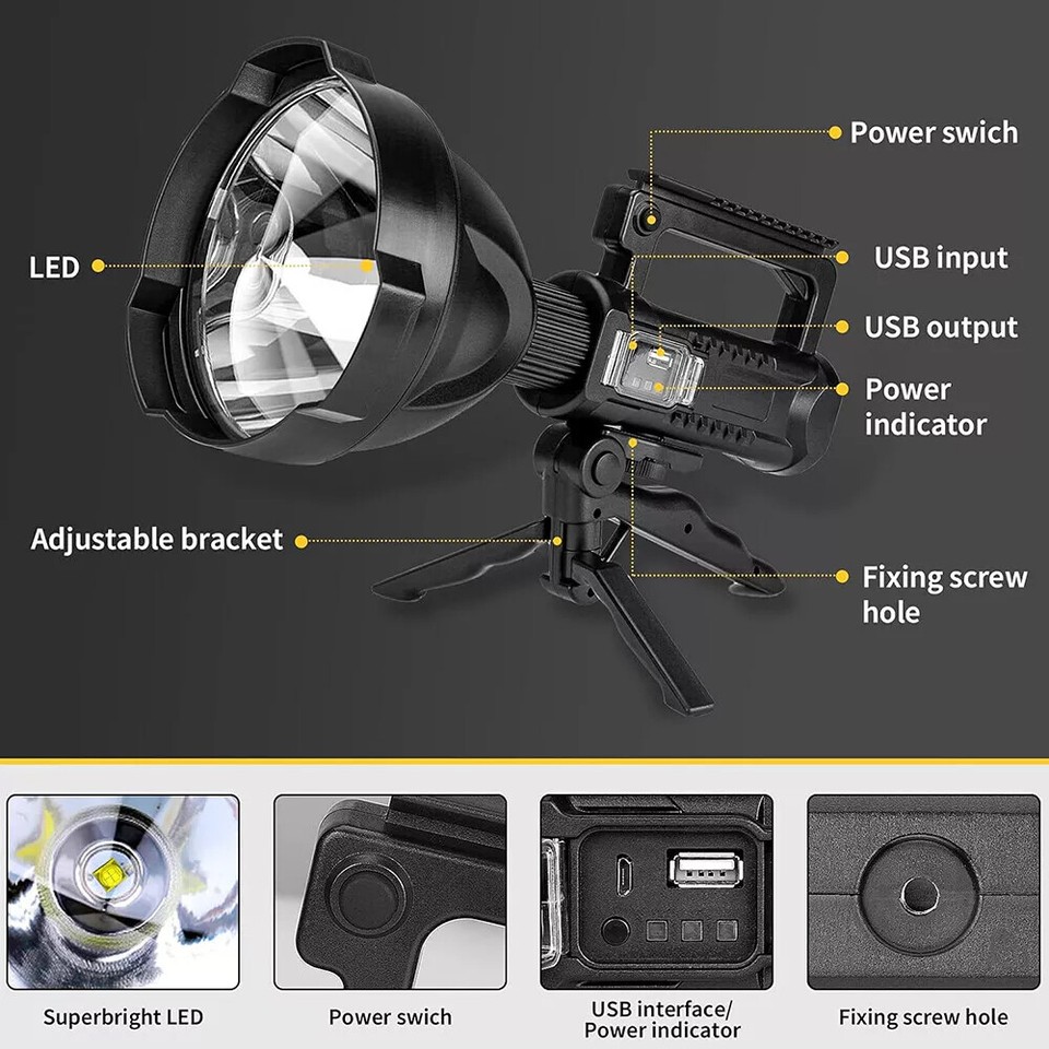 Super Bright LED Searchlight Portable Rechargeable Spotlight Handheld ...