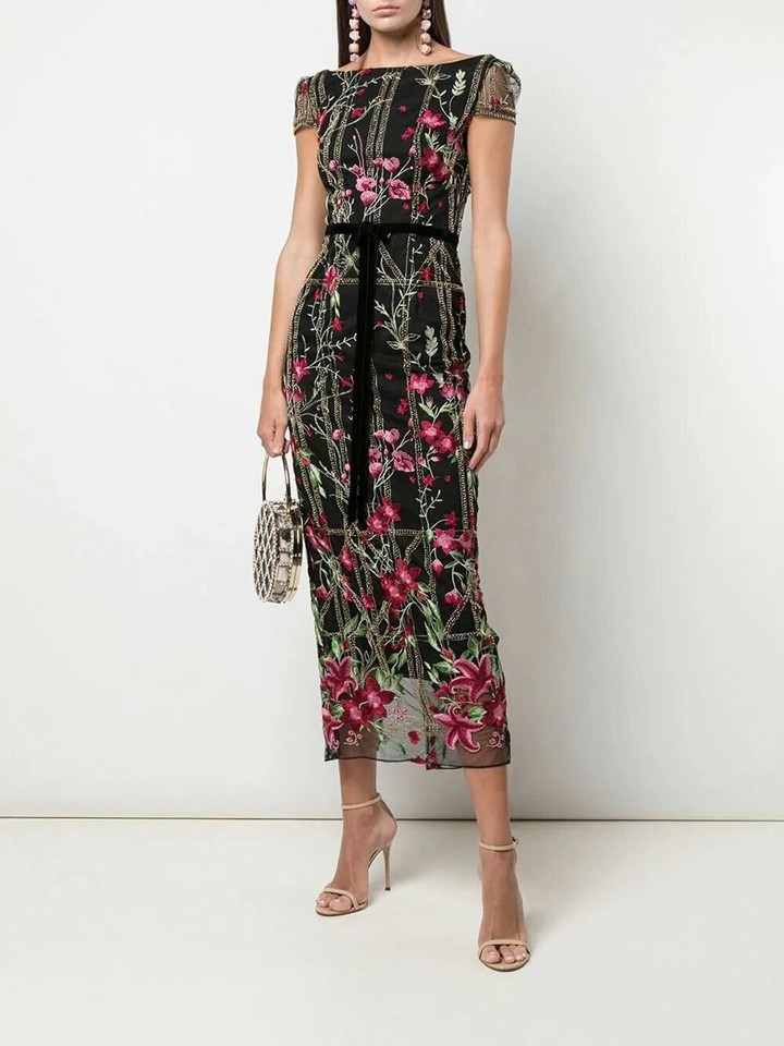 MARCHESA NOTTE Black Floral Embroidered Beaded Bow Waist Sheer Mesh ...