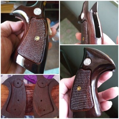 S & W K/L Frame Round Butt Grips Brown Checkered Handmade Beautiful ...