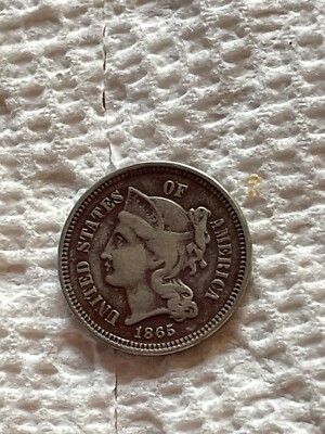 1865 Three Cent Nickel Piece 3C Circulated Civil War Date US Type Coin ...