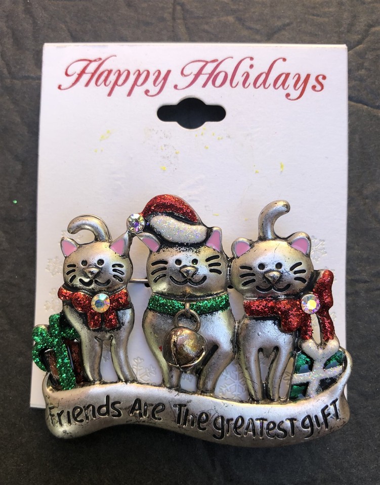 KC Pin Brooch Christmas Cats "Friends are the Greatest Gift" Pewtertone ...