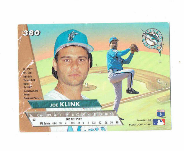 Joe Klink Florida Marlins Pitcher #380 Fleer Ultra 1993 #Baseball Card ...