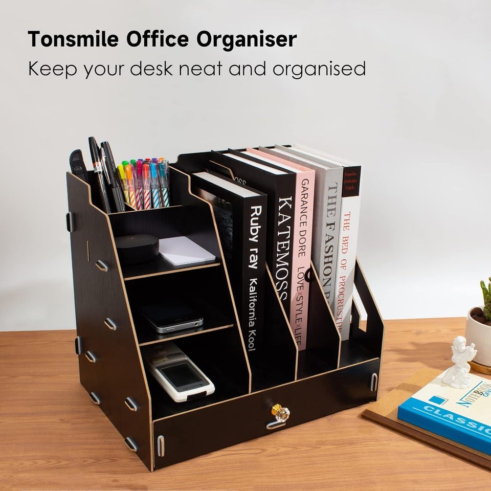 Tonsmile Office Wooden Stationery Desk Tidy Storage Organiser Holder ...