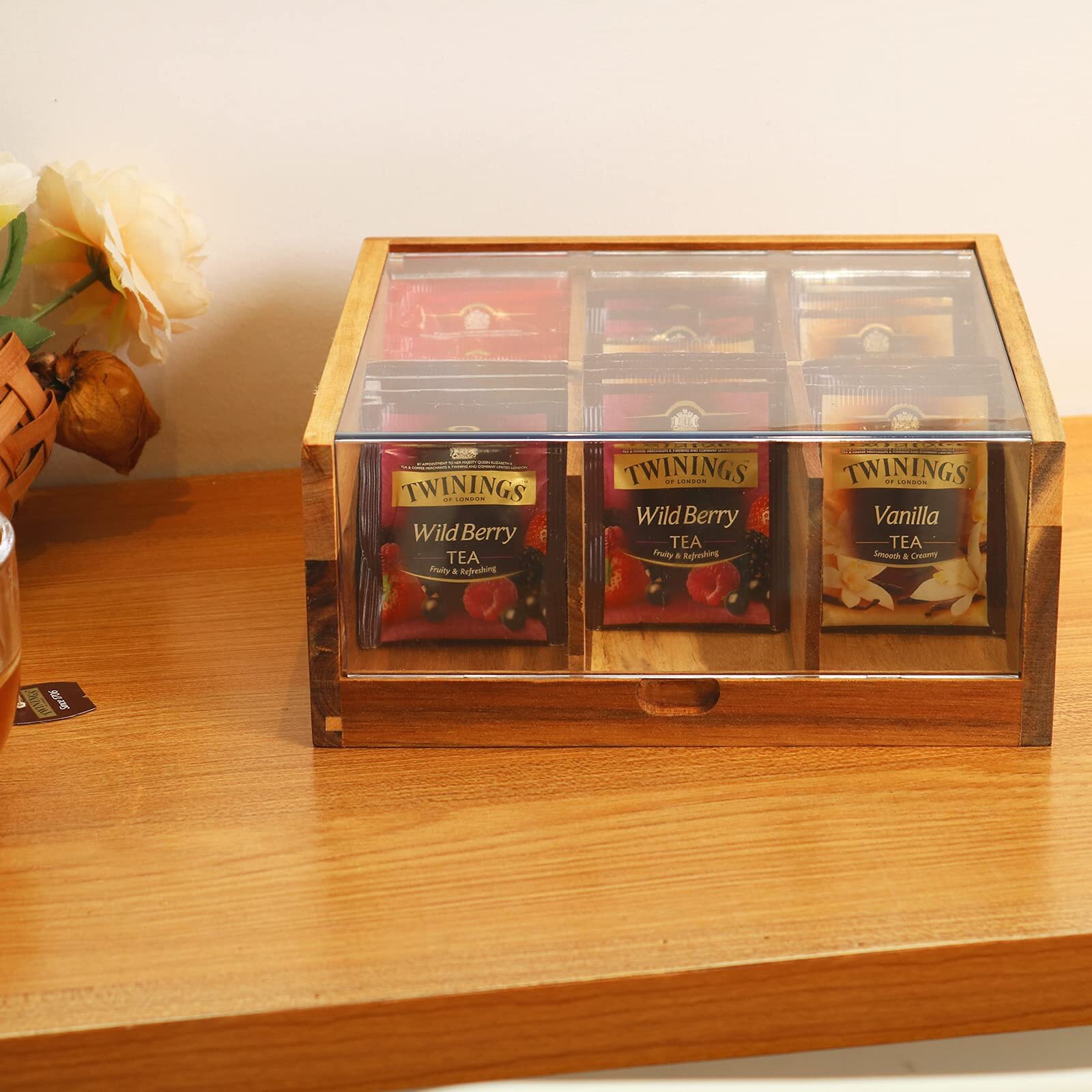 Acacia Wood Tea Bag Organizer Storage Gift Box 6 Compartments Tea Chest ...