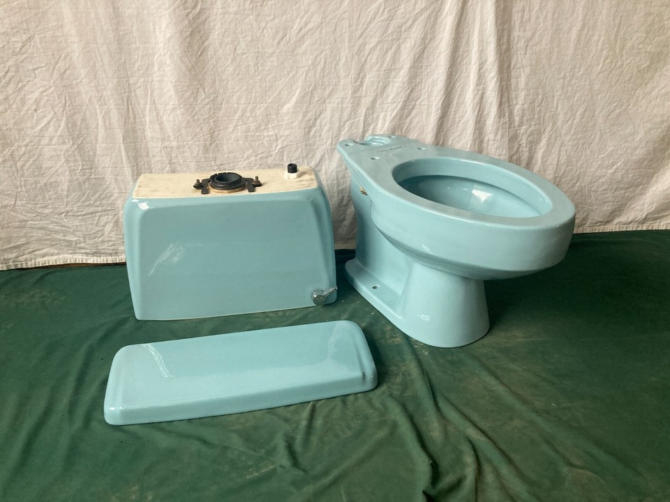 Vtg Mid Century Regency Blue Porcelain Toilet Standard Elongated Bowl ...