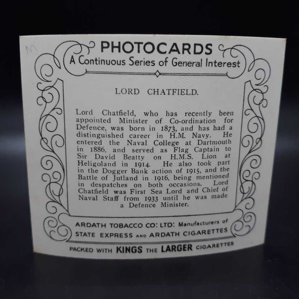 1938 Ardath General Interest Lord Chatfield Tobacco Cigarette Large ...
