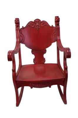 Antique Victorian Painted Red Solid Oak Rocking Chair Hand Carved Lions ...