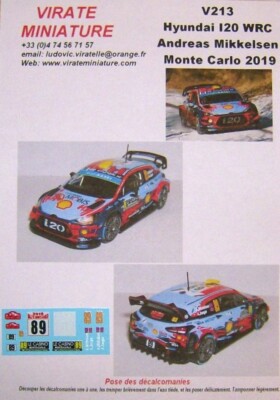 V213 HYUNDAI I20 WRC RALLYE MONTE CARLO 2019 ANDREAS MIKKELSEN DECALS ...