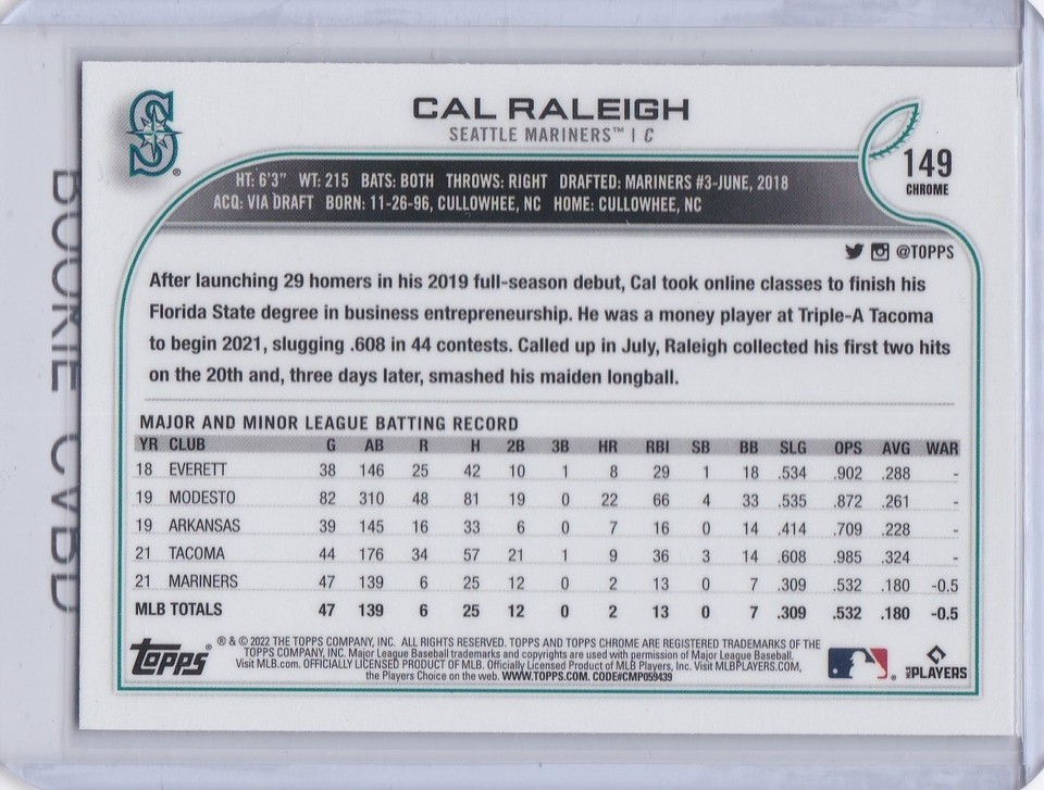 CAL RALEIGH ROOKIE CARD 2022 Topps Chrome #149 MLB RC Seattle Mariners ...