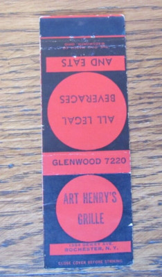 ROCHESTER, NEW YORK MATCHBOOK COVER: ART HENRY'S GRILLE EMPTY ...