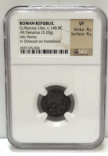 NGC Roman Republic C.148 BC Q. Marcius Libo VF 4/5 Strike 4/5 Surface ...