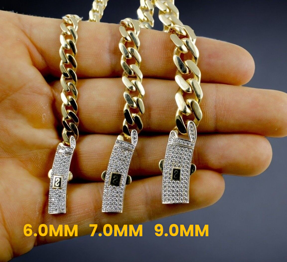14K Yellow Gold Monaco Miami Cuban Link Chain Necklace CZ Pave 5mm-13mm ...